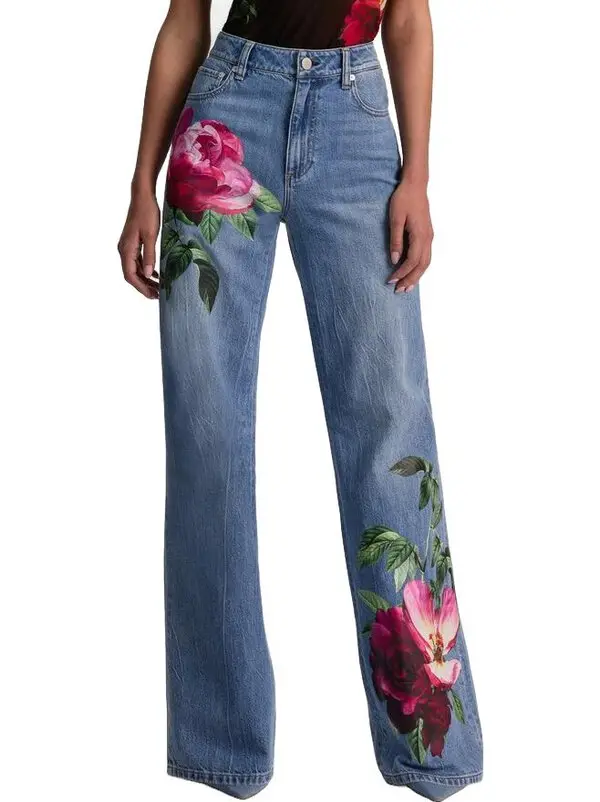 Alice + Olivia Floral Printed Wide Leg Jean - Blue