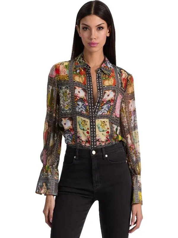 Alice + Olivia Wan Silk Printed Blouse - Denim