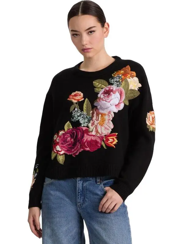 Alice + Olivia Belva Floral Jacquard Crewneck Pullover - Black / Floral / Multicolor