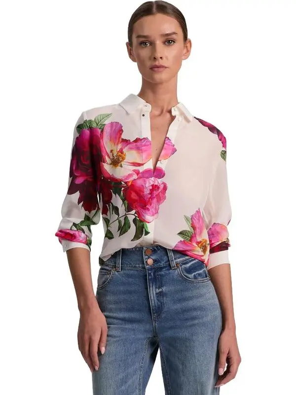 Alice + Olivia Willa Printed Silk Blouse - White