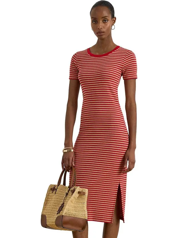 Ralph Lauren Striped Ribbed Tee Dress - Cruise Red/birch Tan