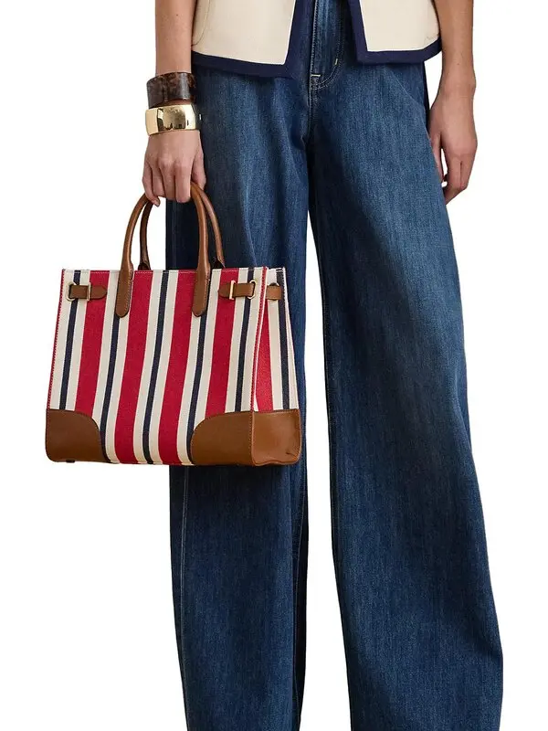 Ralph Lauren Striped Canvas Medium Devyn Tote Bag - Festive Red Stripe/tan