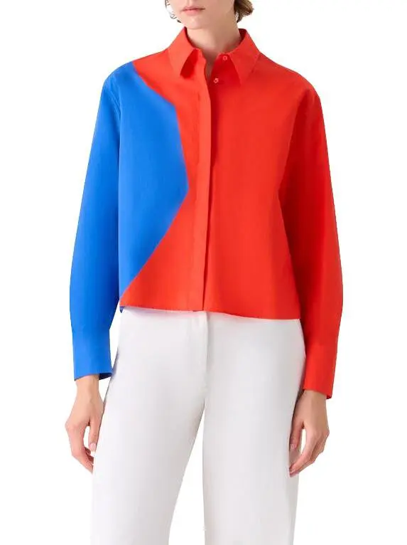 Akris High Plains Colorblock Cotton Poplin Shirt - Vermillion-lapis Blue