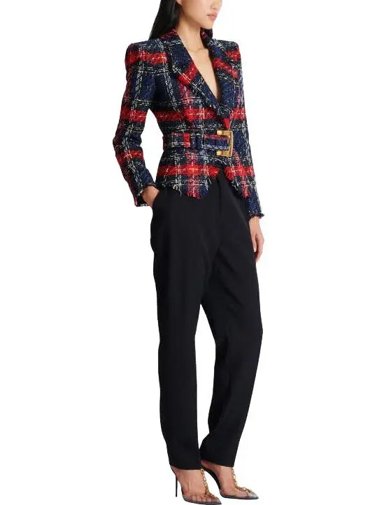 Balmain Belted Plaid Tweed Jacket - Red