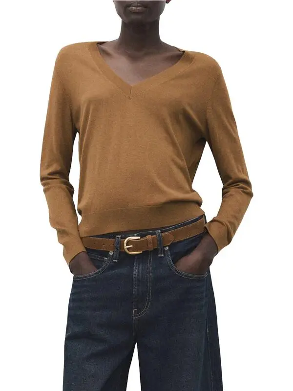 Mango V-neck Sweater - Tobacco Brown