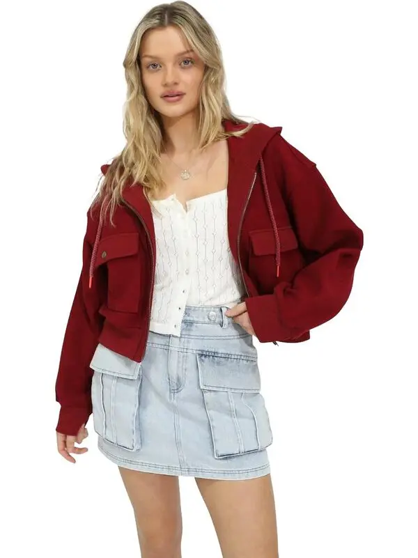 BELLE & BLOOM Fireside Cropped Utility Zip Jacket - Red Overflow