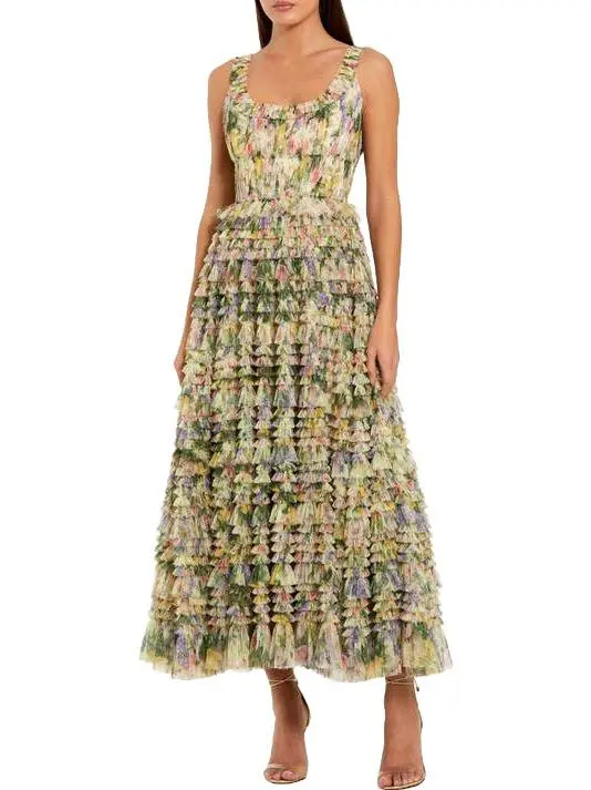 Mac Duggal Floral Printed Tiered Ruffle Midi Dress - Yellow Multi