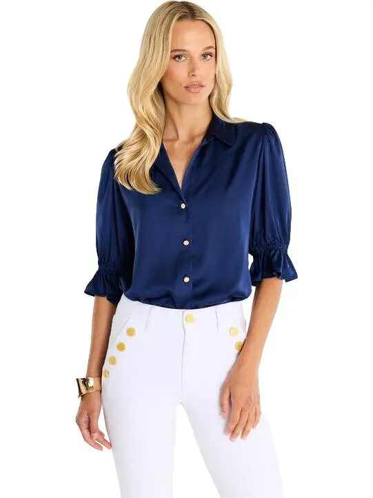 THE NOLI SHOP Cindy Ruffle Sleeve Shirt - Navy
