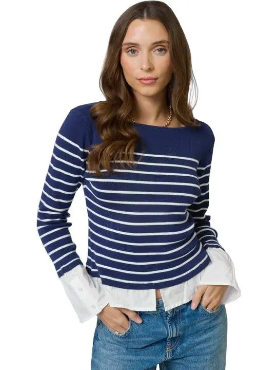 Central Park West Nautical Stripe Boatneck Twofer - Navy Stripe