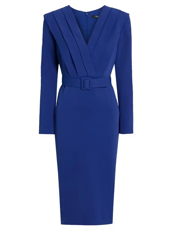 Badgley Mischka Belted Pleated Crepe Midi Dress - Cobalt Blue
