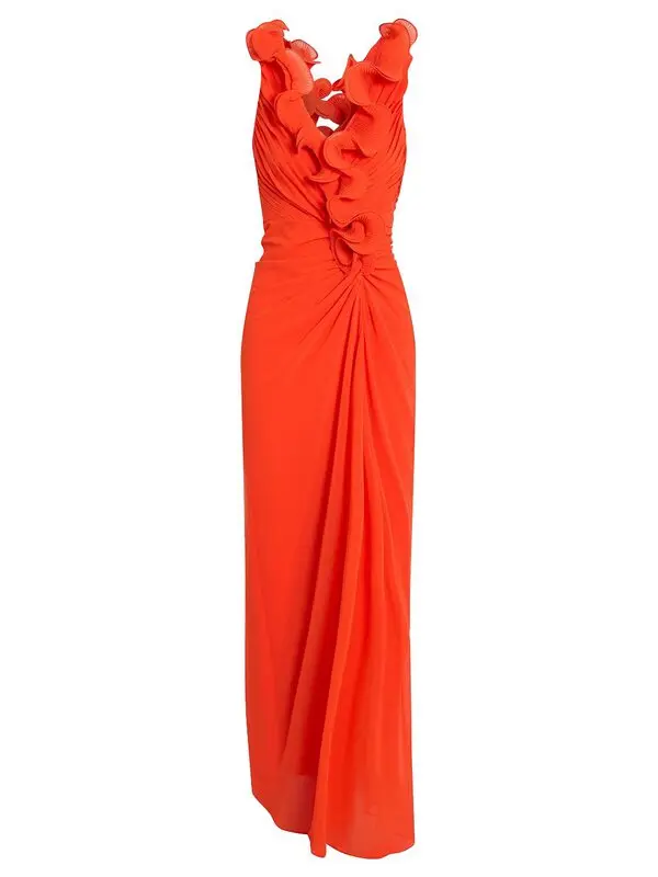 Badgley Mischka Ruffled Plissé-georgette Maxi Dress - Tomato Red