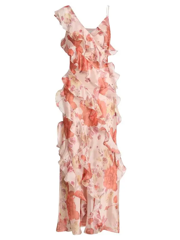MIKAEL AGHAL Ruffled Floral-print Satin Maxi Dress - Blush