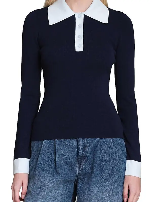 Avec Les Filles Long Sleeve Polo Shirt - Navy Colorblock