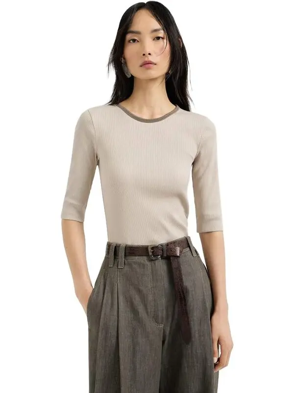 Brunello Cucinelli Ribbed Jersey Top - Beige