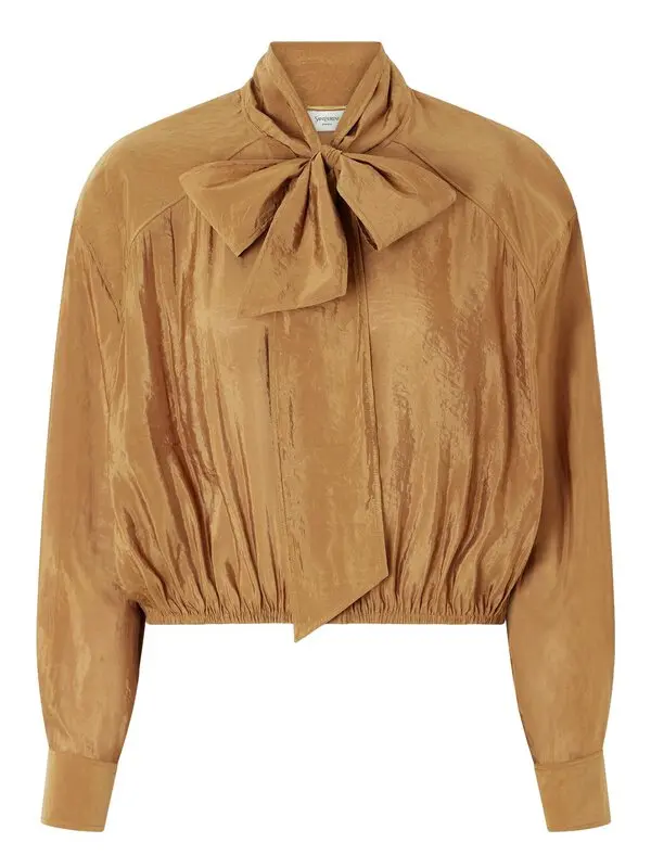Saint Laurent Pussy-bow Crinkled-taffeta Blouse - Brown