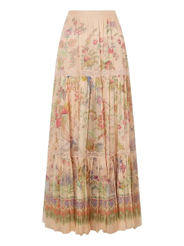 Etro Tiered Pleated Lace-trimmed Printed Silk Maxi Skirt - Multi
