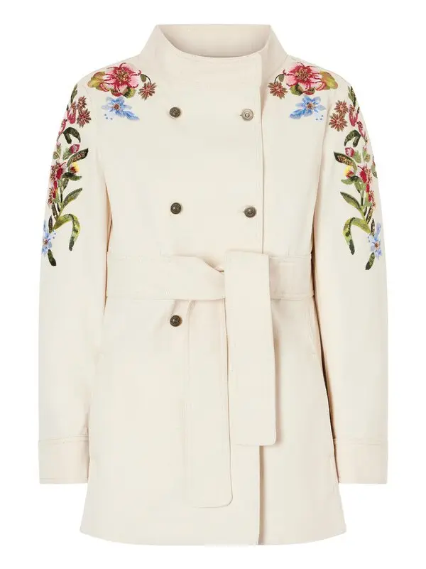 Valentino Garavani Belted Embellished Embroidered Denim Jacket - Cream