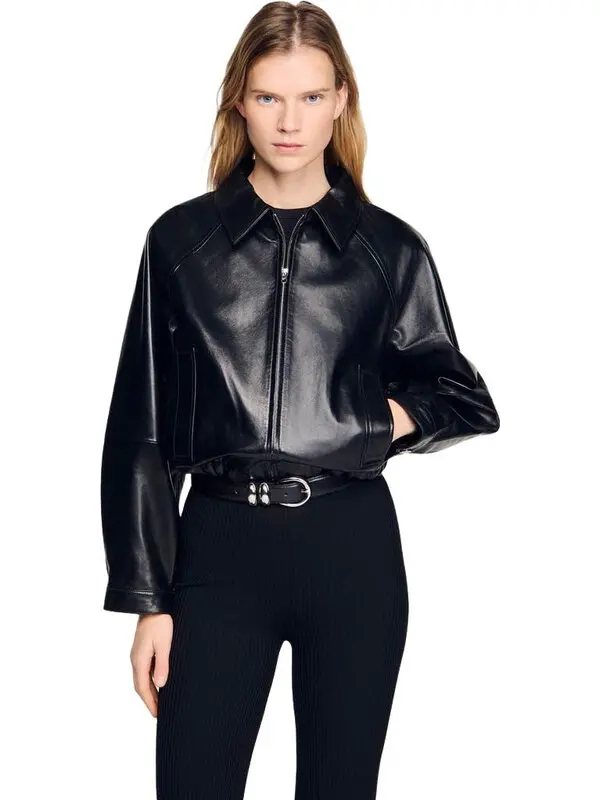Sandro Lambskin Leather Jacket - Black