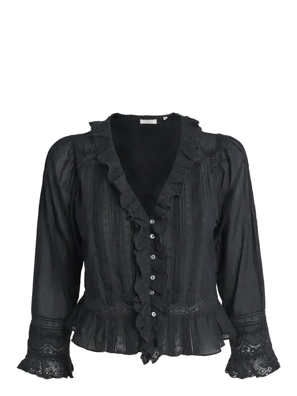 DÔEN Organic Cotton Lace-trim Eldoris Blouse - Black