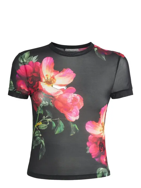 Alice + Olivia Mesh Floral Tess T-shirt - Black