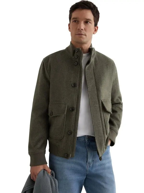 REISS Wool-blend Funnel-neck Bomber Jacket - Green