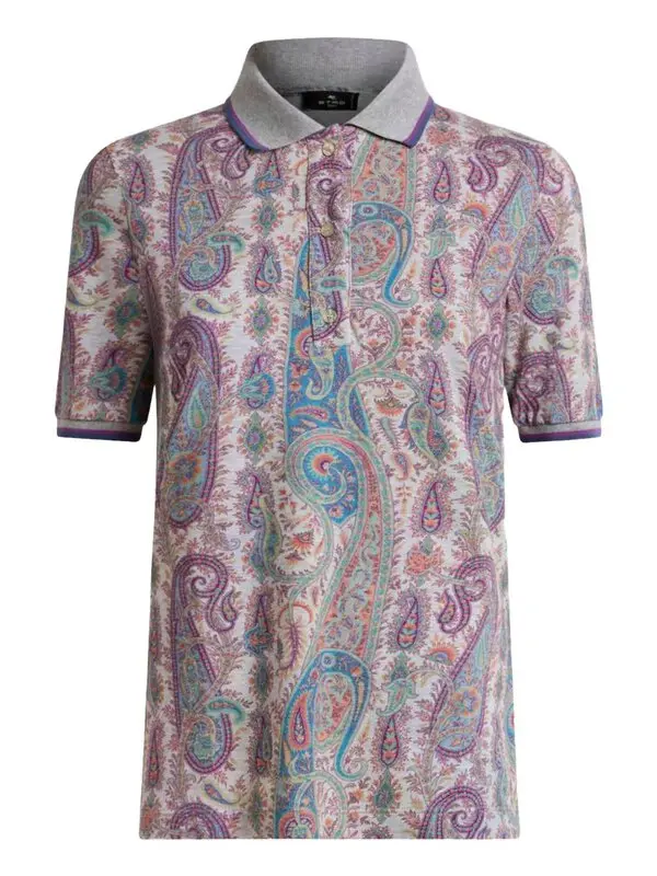 Etro Leafy Paisley-motif Cotton Polo Top - Grey