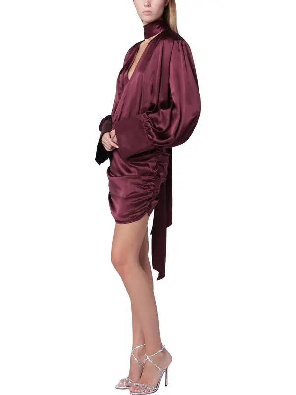 ROTATE BY BIRGER CHRISTENSEN Draped Silk Mini Dress - Burgundy