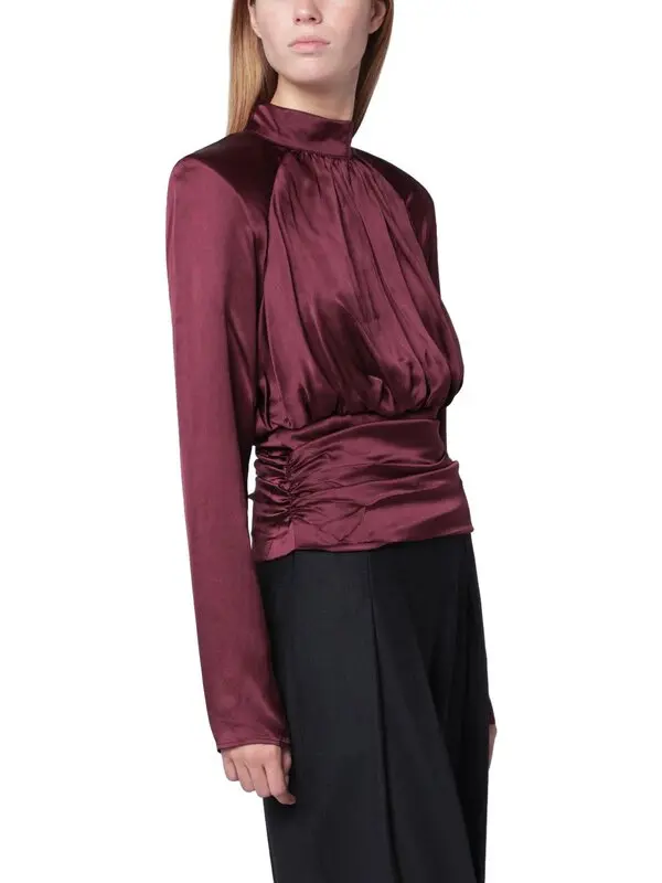 ROTATE BY BIRGER CHRISTENSEN Ruched Organic Silk Top - Burgundy