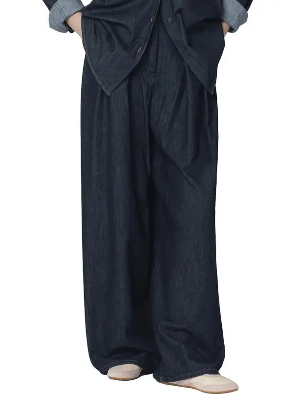 Dries Van Noten Indigo Denim Wide Leg Trousers With Pleats - Blue