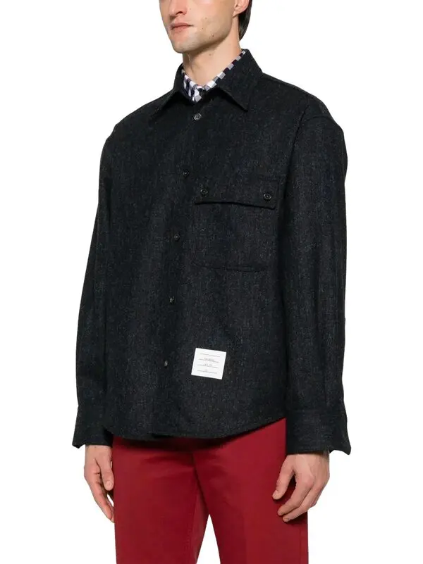 Thom Browne Oversized Pc Shirt W/ Double Needle In Solid Donegal Tweed - Navy