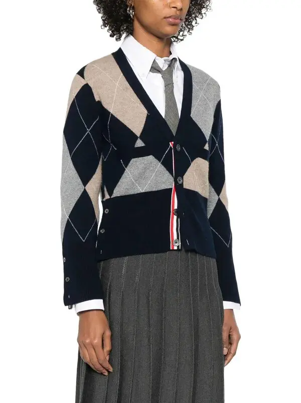 Thom Browne Argyle Jersey Intarsia Classic V-neck Cashmere Cardigan - Navy