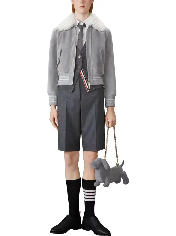 Thom Browne Cropped Flight Jacket With Shearling Collar - Med Grey