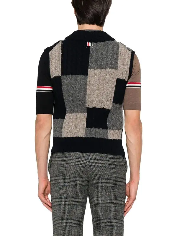 Thom Browne Patchwork Intarsia Vest - Navy/grey/brown