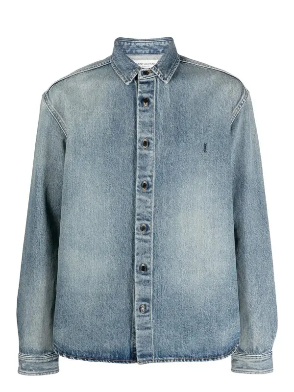 Saint Laurent Trouville Logo Embroidered Denim Shirt - Trouville Beach Blue