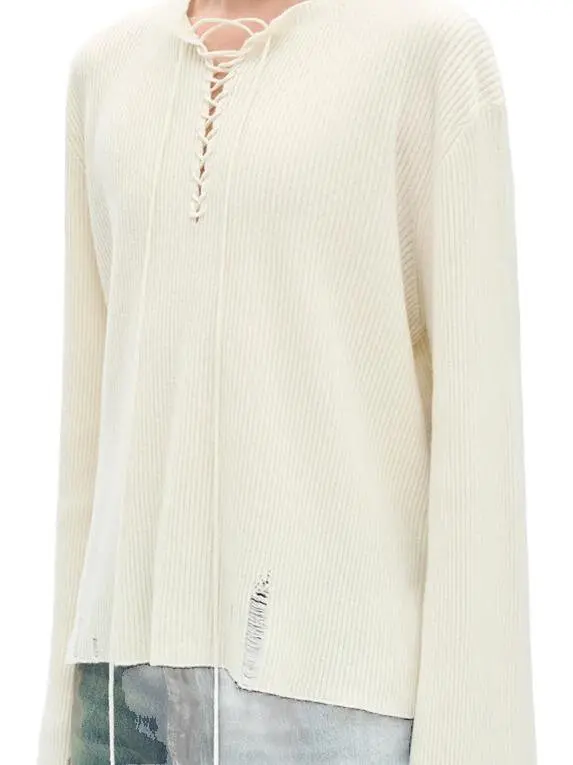 ANN DEMEULEMEESTER Cropped Serafino Laced Up Sweater - Natural White