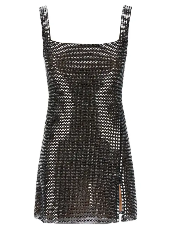 SELF-PORTRAIT Rhinestone Mesh Mini Dress - Gray