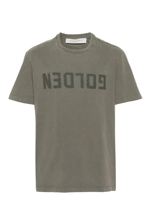 GOLDEN GOOSE Golden M's Regular T Shirt Distressed Cotton Jersey With Logo - Dusty Olive