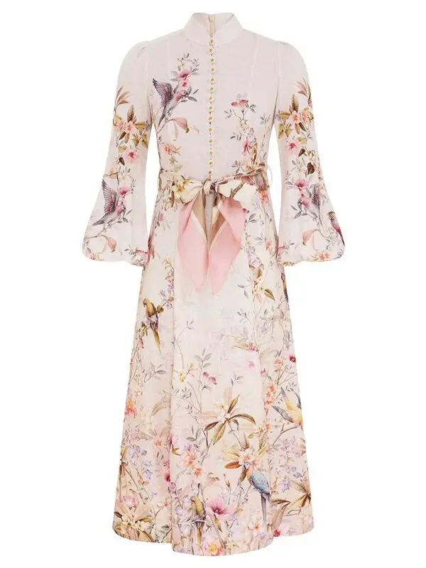 Zimmermann Floral Print Linen Midi Dress - Ivory