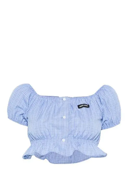 Miu Miu Poplin Checked Top - Celeste