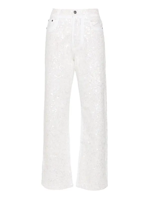 PAROSH Sequin Embellished Straight Jeans - Fantasia Panna