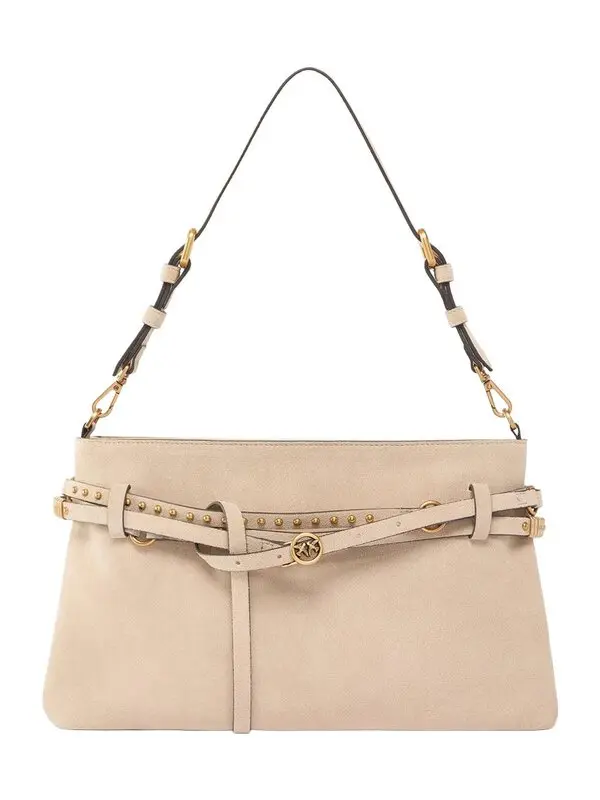 Pinko Suede Shoulder Bag With Love Birds Buckle - Beige