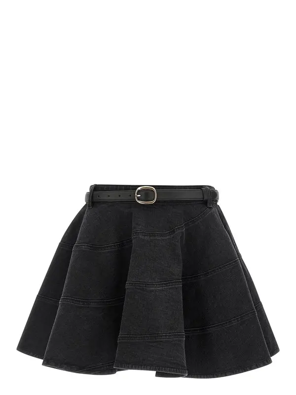 SELF-PORTRAIT Flared Denim Mini Skirt - Black