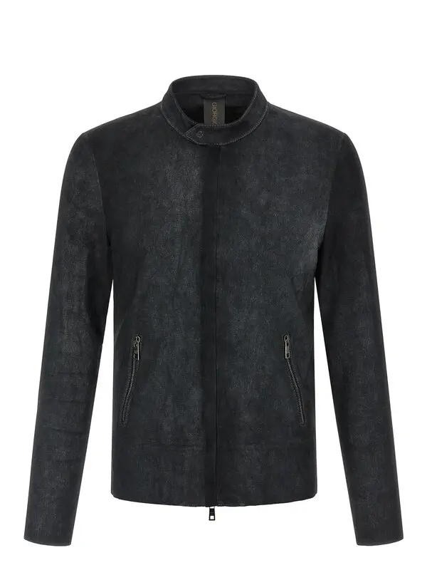 GIORGIO BRATO Stretch Waxed Lambskin Biker Jacket - Black