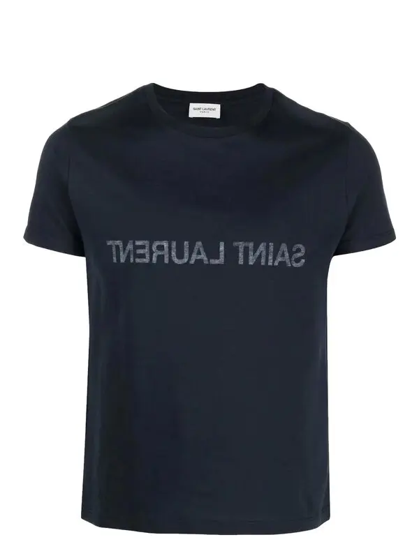 Saint Laurent Reverse Logo Print Cotton T Shirt - Marine/naturel