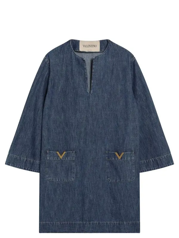 Valentino Garavani Denim Mini Dress With Gold Tone Details - Blue