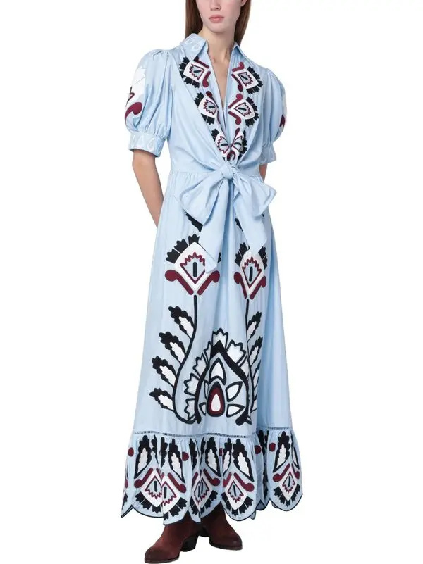 Farm Rio Embroidered Long Dress With Bow - Multicolor