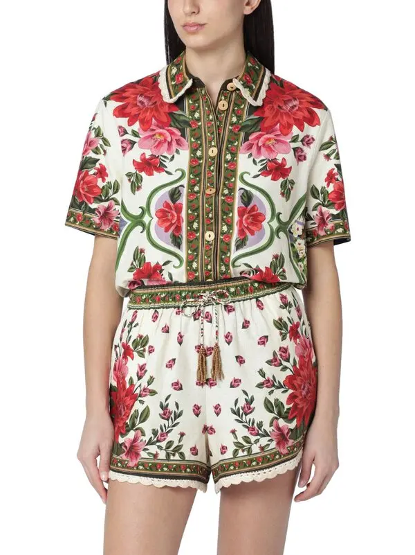 Farm Rio Floral Print Linen Blend Shirt - Multicolor