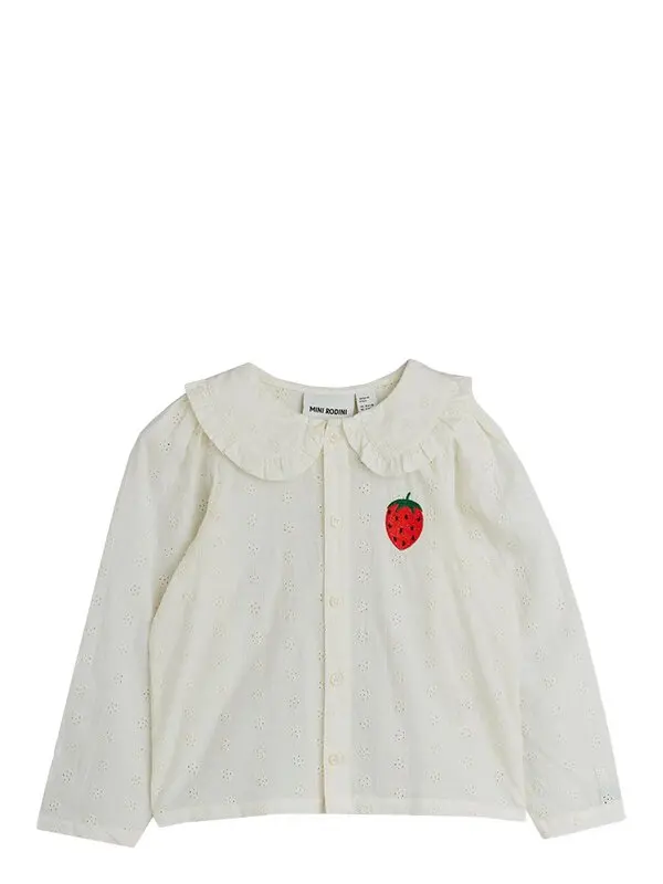 MINI RODINI Schiffli Blouse With Embroidered Strawberry - White