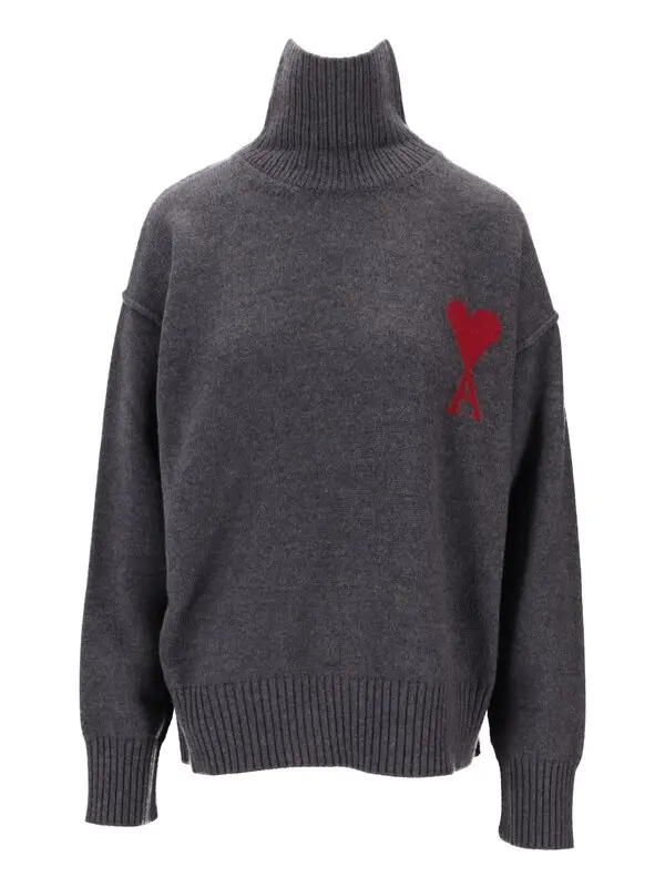Ami Turtleneck Knit Top - Gris Chine / Rouge