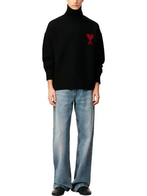Ami Heart Motif Funnel Neck Knit Pullover - Noir/rouge